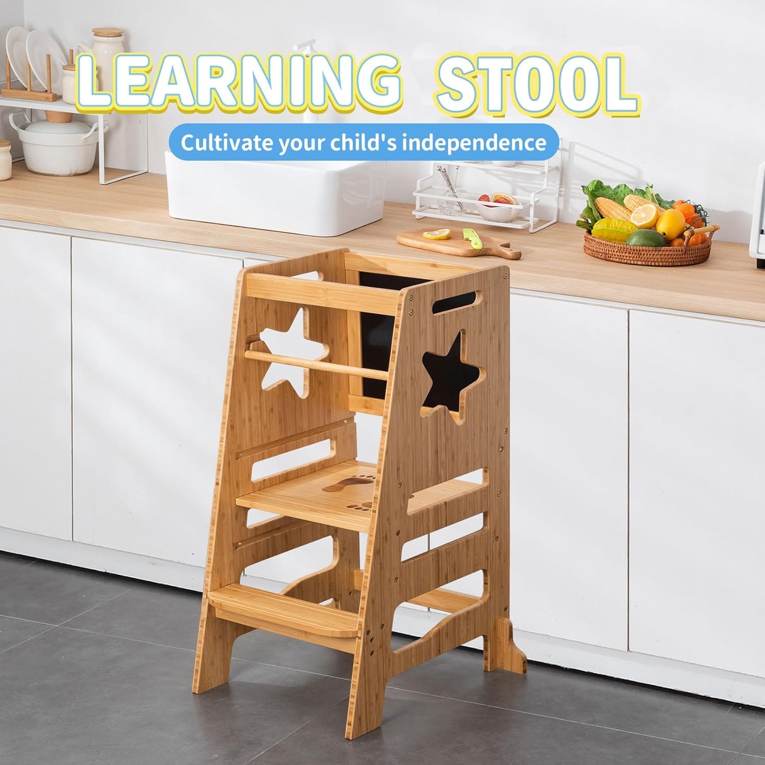 Bamboo Height Adjustable Kids Kitchen Step Stool